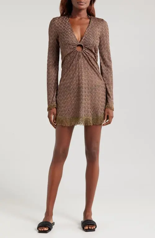 Ramy Brook Cassie Zigzag Long Sleeve Knit Cover-up Dress - Brown/ Gold Zig Zag