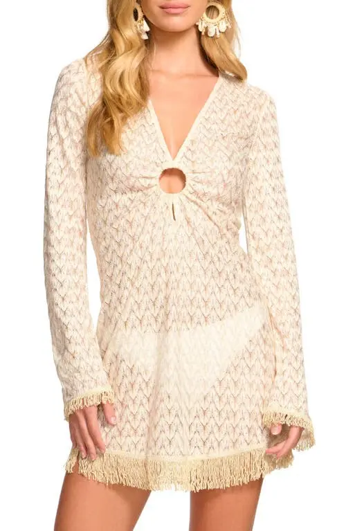 Ramy Brook Cassie Zigzag Long Sleeve Knit Cover-up Dress - White/ Gold Zig Zag