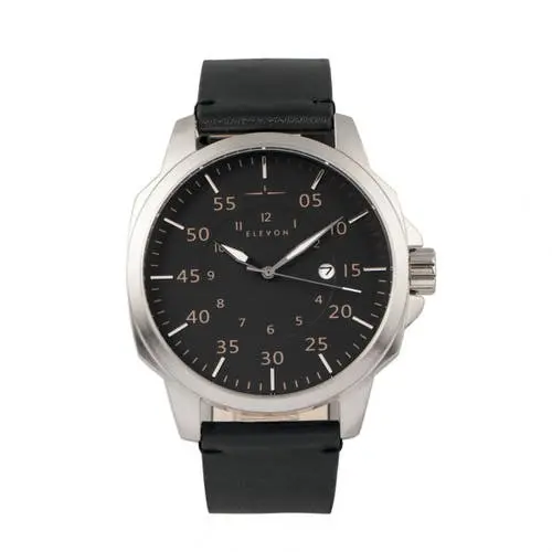 ELEVON Hughes Leather-band Strap Watch - Silver/black/black