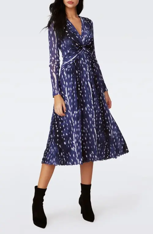 Diane Von Furstenberg Burton Print Long Sleeve Mesh Midi Dress - Fawn  Perfect Navy | Editorialist