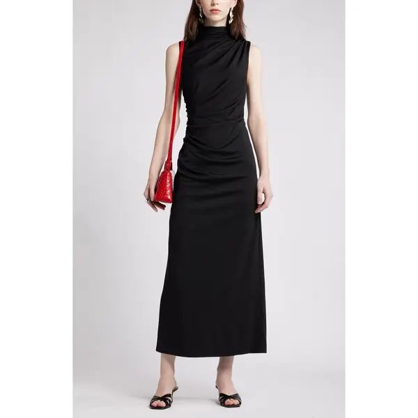 Nordstrom Ruched Mock Neck Maxi Dress In Black 55% Off