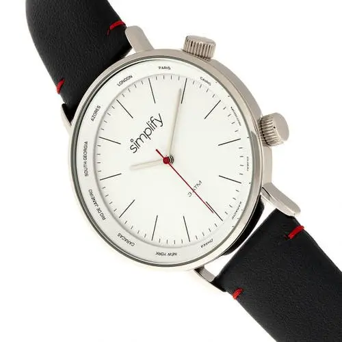 SIMPLIFY Leather-band Strap Watch - Black/silver