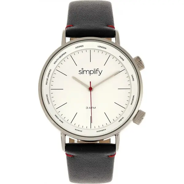 SIMPLIFY Leather-band Strap Watch - Black/silver