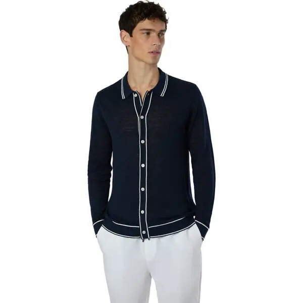 Onia Linen Long Sleeve Polo - Deep Navy/white