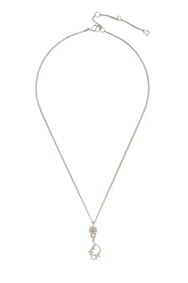 Dior Crystal Logo Charm Necklace - Silver