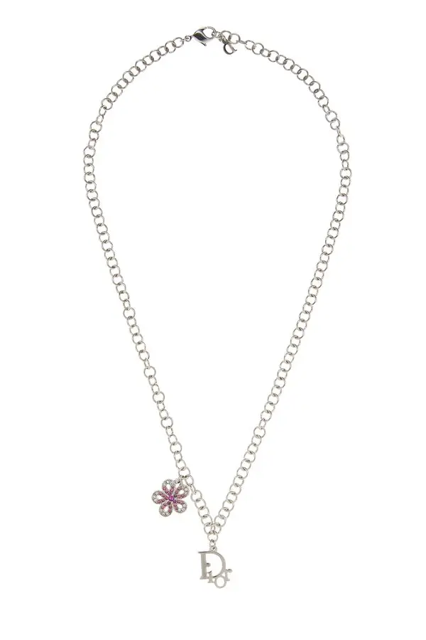 Dior Crystal Logo Necklace - Silver