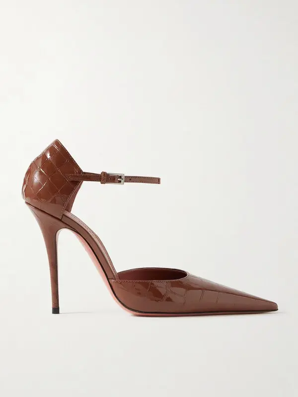 Amina Muaddi Barbara Croc-effect Patent-leather Pumps - Brown