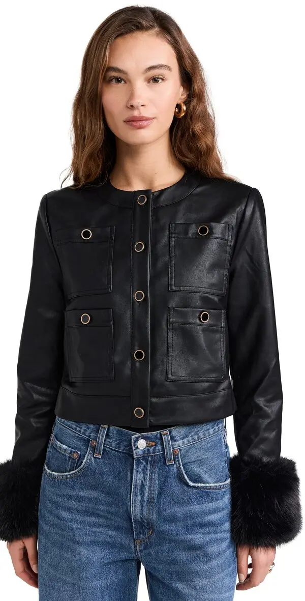 WAYF Boxy Faux Leather Jacket With Faux Fur Cuffs