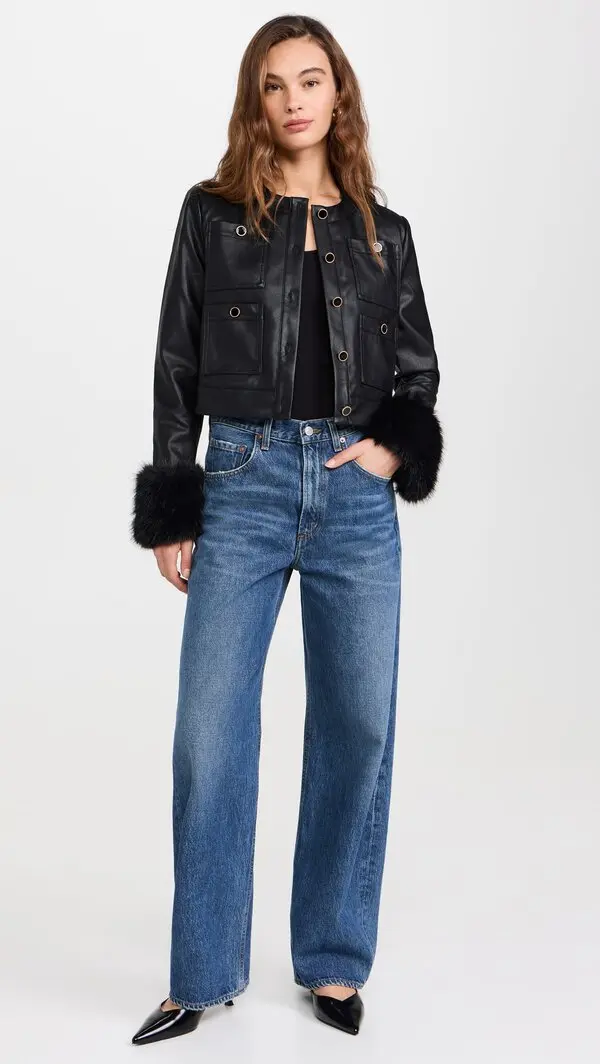 WAYF Boxy Faux Leather Jacket With Faux Fur Cuffs