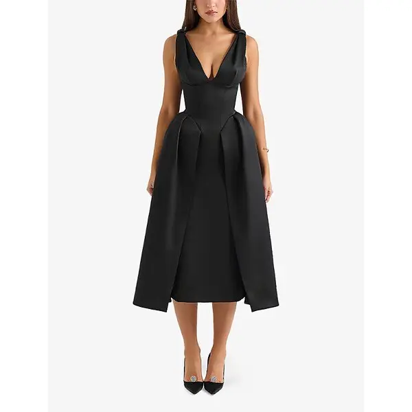 House OF CB Paloma Pleated Satin Midi Dress - Midnight