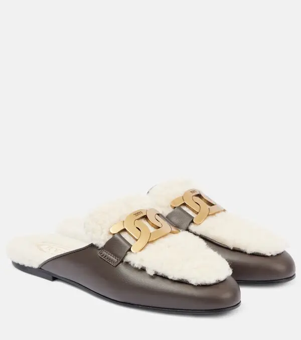TOD'S Catena Shearling And Leather Mules - Brown