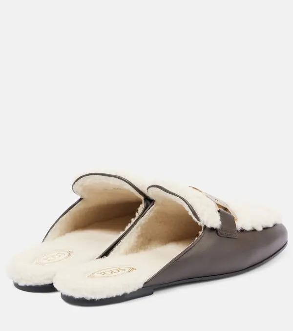 TOD'S Shearling And Leather Mules - Brown