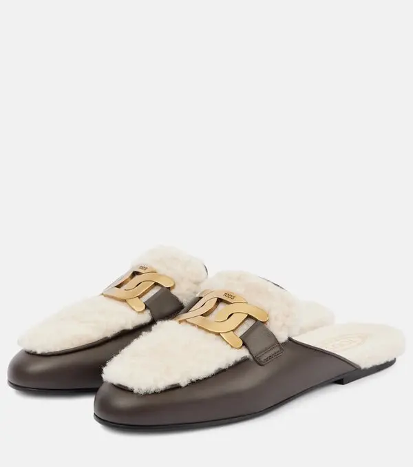 TOD'S Shearling And Leather Mules - Brown