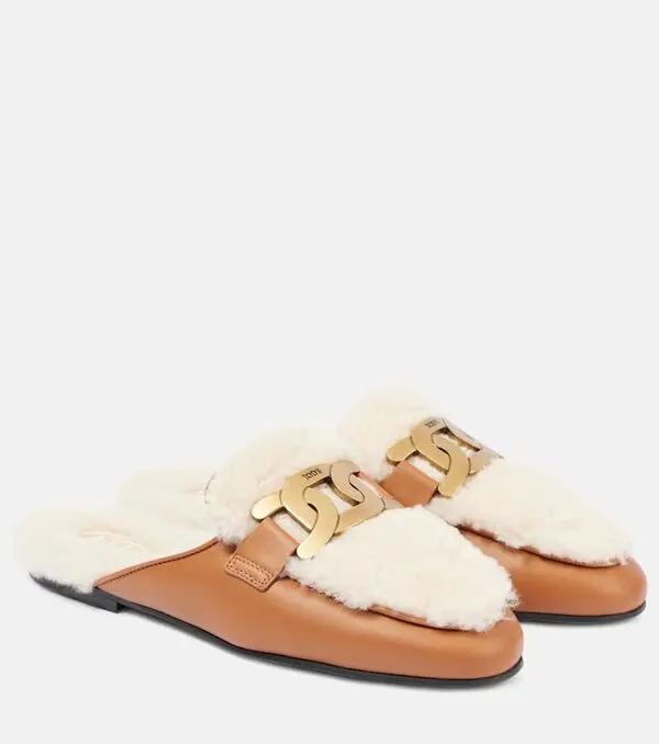 TOD'S Catena Shearling And Leather Mules - Neutrals