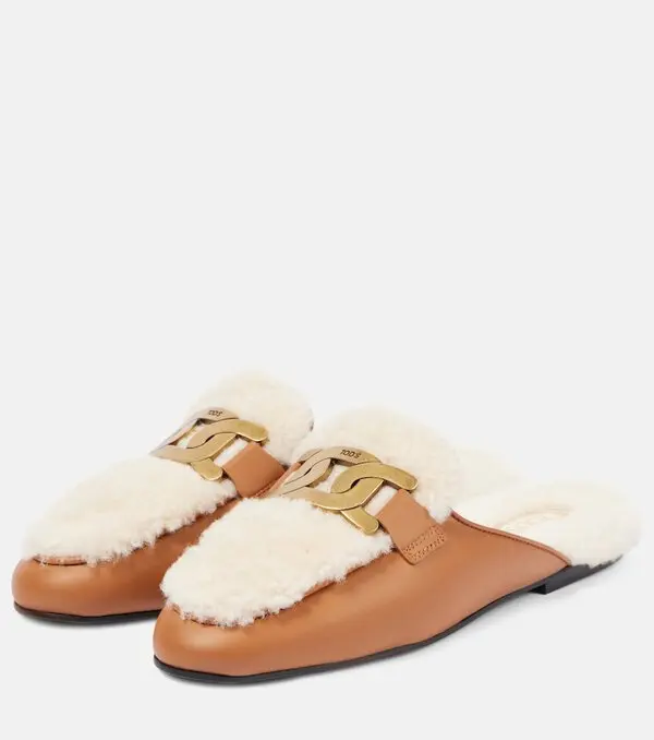 TOD'S Catena Shearling And Leather Mules - Neutrals