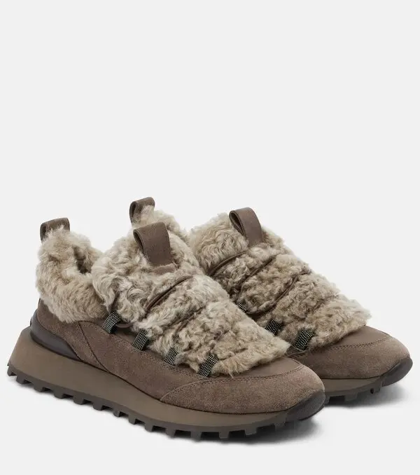Brunello Cucinelli Monili Shearling-trimmed Suede Sneakers - Brown