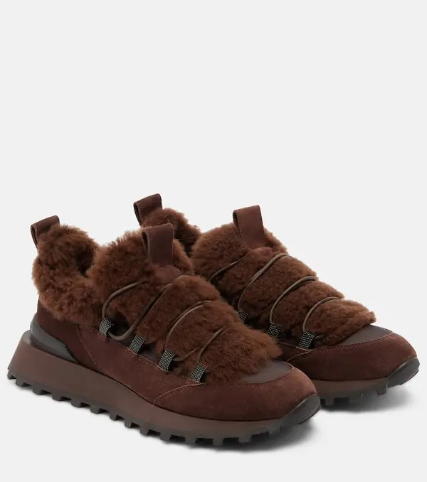 Brunello Cucinelli Monili Shearling-trimmed Sneakers - Brown