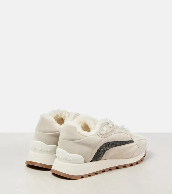 Brunello Cucinelli Monili Shearling-trimmed Suede Sneakers - Grey