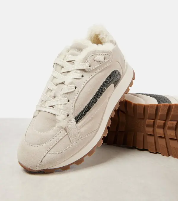 Brunello Cucinelli Monili Shearling-trimmed Suede Sneakers - Grey