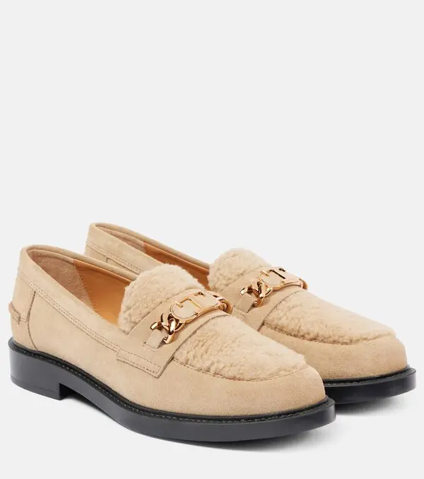 TOD'S Shearling-trimmed Suede Loafers