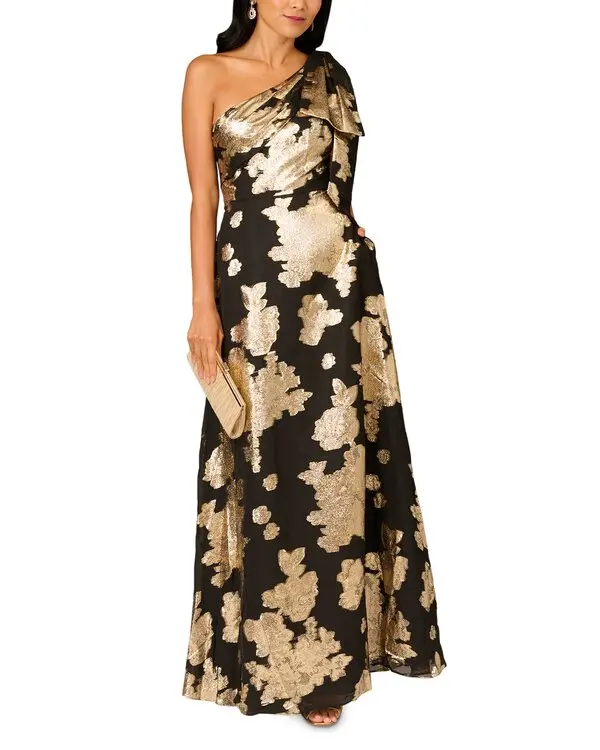 Aidan Mattox Jacquard One Shoulder Gown In Black Gold - 50% Off |  Editorialist