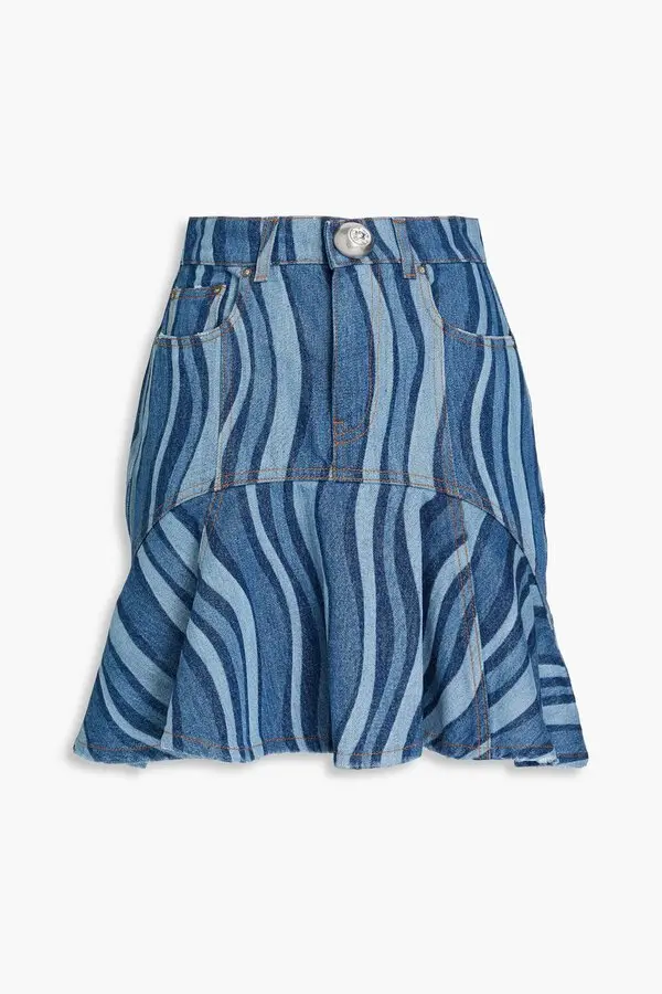AREA Fluted Printed Denim Mini Skirt - Light Denim