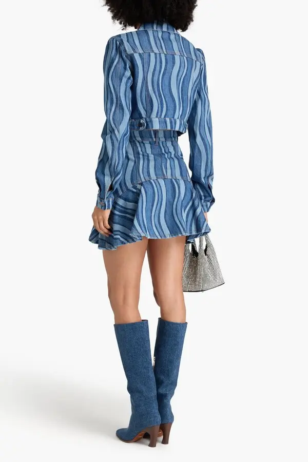 AREA Fluted Printed Denim Mini Skirt - Light Denim