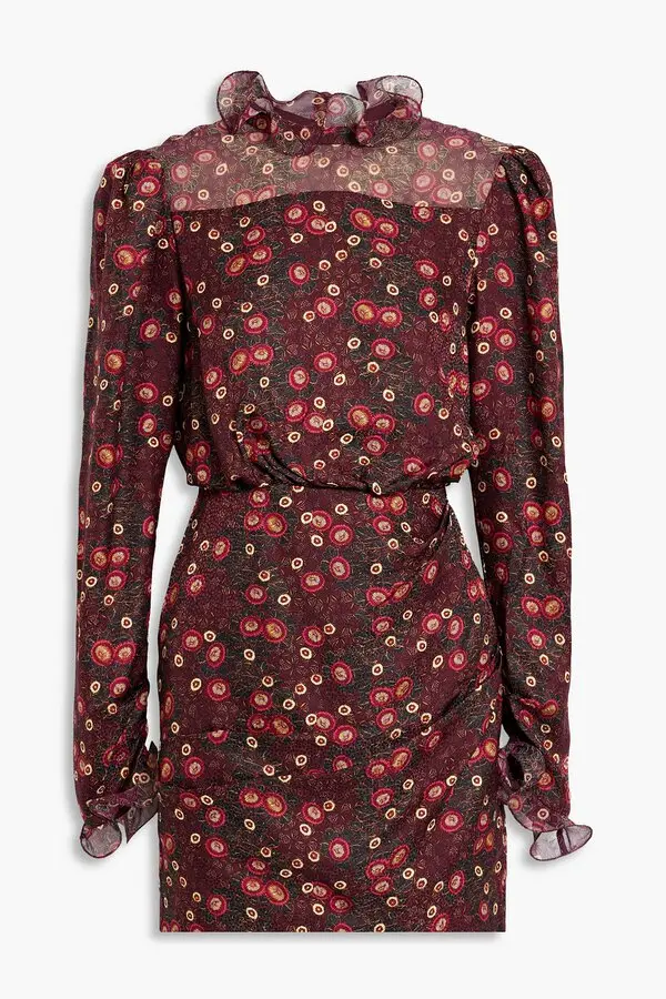 Saloni Dotty Ruffled Printed Silk-georgette Mini Dress - Burgundy