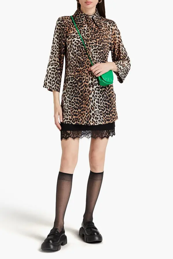 GANNI Ruched Leopard-print Cotton Shirt