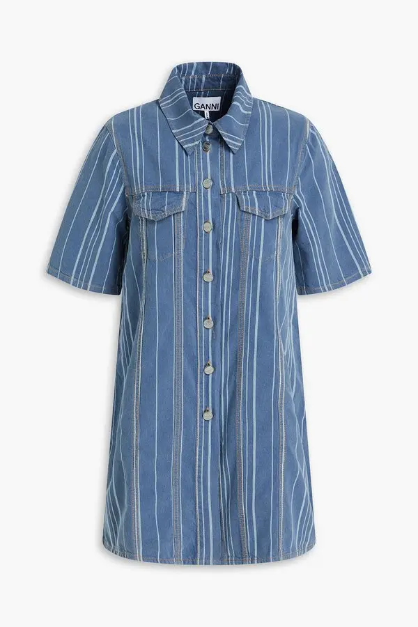 Ganni Striped Denim Mini Shirt Dress In Slate Blue - 55% Off | Editorialist