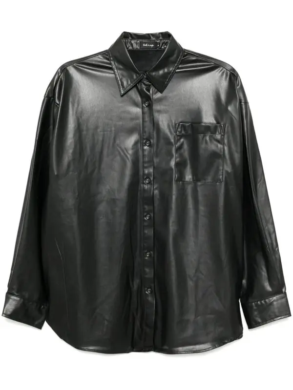 TOUT A COUP Faux Leather Long Sleeve Shirt - Black