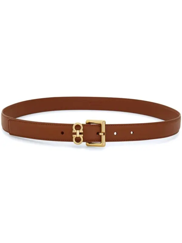 FERRAGAMO Gancini Plaque Leather Belt - Brown
