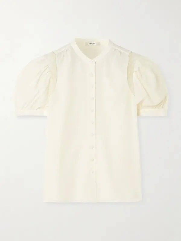 FRAME Ruched Lace-trimmed Silk Crepe De Chine Blouse - Neutrals