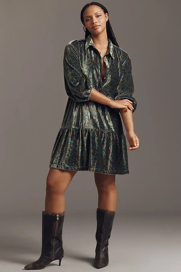 Maeve The Betta Velvet Tiered Mi Shirt Dress - Olive