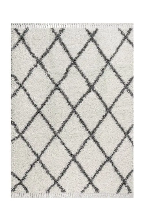 JONATHAN Y Mercer Shag Plush Tassel Moroccan Geometric Trellis Denim Area Rug - Cream/gray