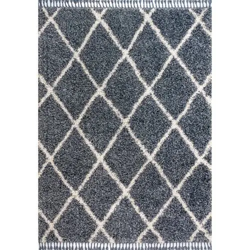 JONATHAN Y Mercer Shag Plush Tassel Moroccan Geometric Trellis Denim Area Rug - Denim Blue/cream