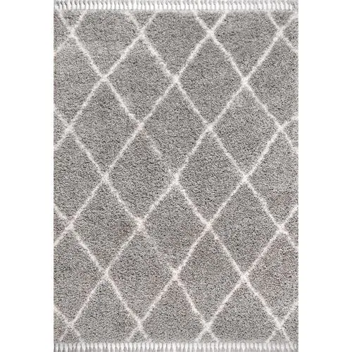 JONATHAN Y Mercer Shag Plush Tassel Moroccan Geometric Trellis Denim Area Rug - Gray/cream