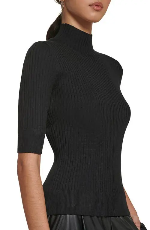 Dkny Mock Neck Ribbed Sweater - Black/black