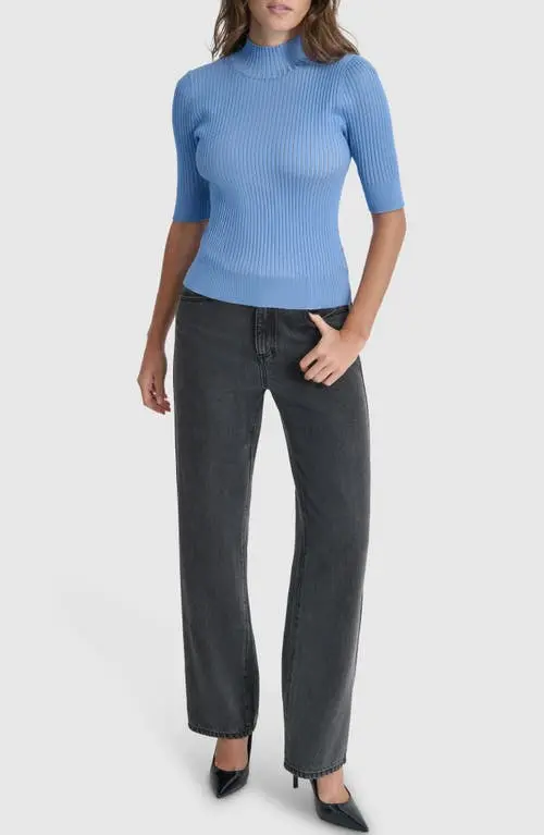 Dkny Mock Neck Ribbed Sweater - Blue Bell/chino Khaki