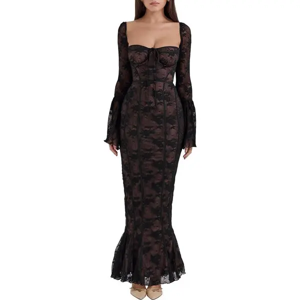 House Of Cb Delilah Long Sleeve Lace Mermaid Dress - Black