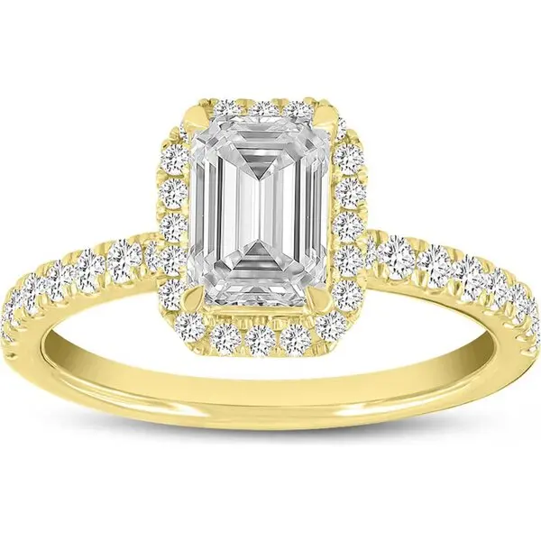 LUVMYJEWELRY 2 Ctw Emerald Cut Lab Grown Diamond Halo Engagement Ring - 14k Yellow Gold