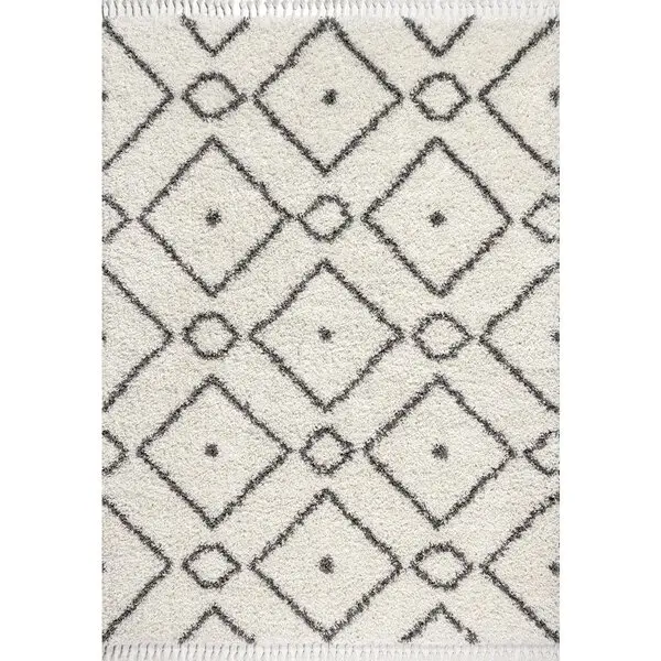 JONATHAN Y Mercer Shag Plush Tassel Moroccan Diamond Denim Area Rug - Cream/gray