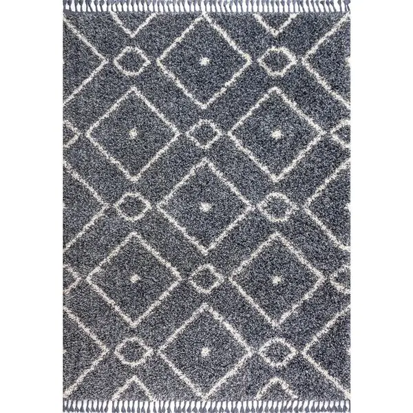 JONATHAN Y Mercer Shag Plush Tassel Moroccan Diamond Denim Area Rug - Denim Blue/cream