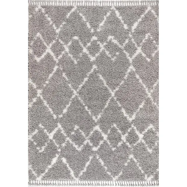 JONATHAN Y Mercer Shag Plush Tassel Moroccan Geometric Trellis Area Rug - Gray/ivory