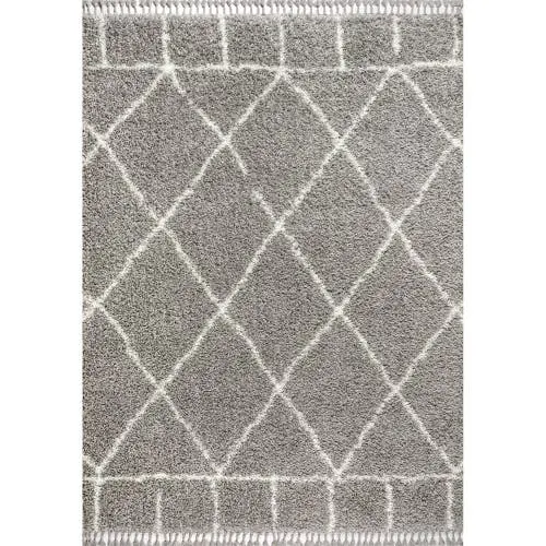 JONATHAN Y Mercer Shag Plush Tassel Moroccan Geometric Area Rug - Gray/ivory