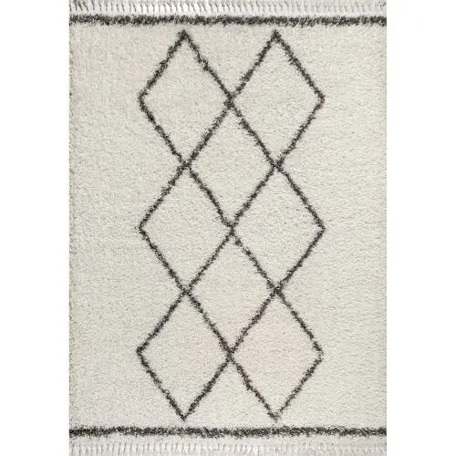 JONATHAN Y Mercer Shag Plush Tassel Moroccan Geometric Trellis Denim Area Rug - Cream/gray