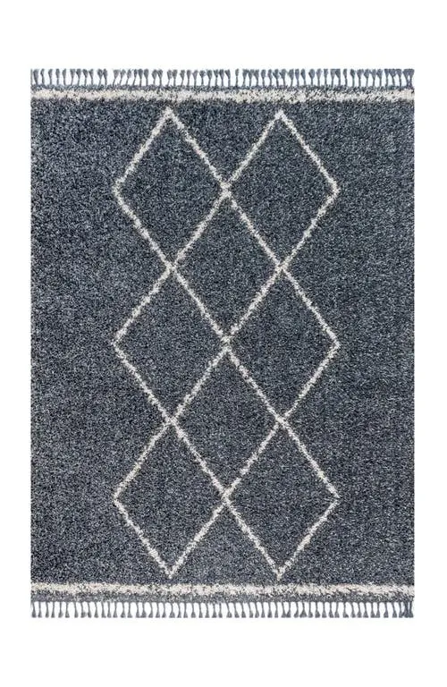 JONATHAN Y Mercer Shag Plush Tassel Moroccan Geometric Trellis Denim Area Rug - Denim Blue/cream