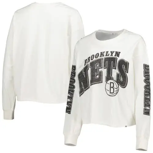 '47 Brooklyn Nets Parkway Brush Back Long Sleeve Cropped T-shirt - Cream