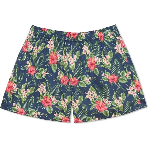 DRUTHERS NYC Organic Cotton Oahu Hawaiian Print Boxer Short - Navy