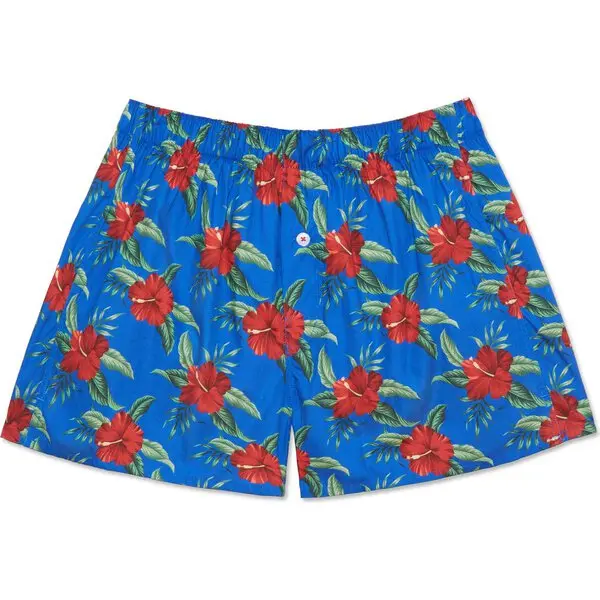 DRUTHERS NYC Organic Cotton Oahu Hawaiian Print Boxer Short - Royal Blue